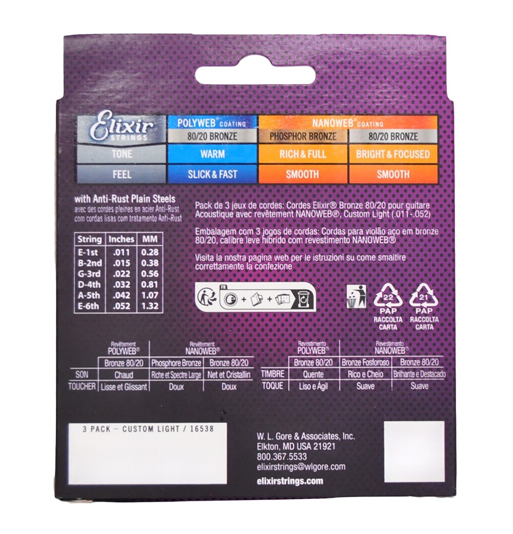 ELIXIR ( エリクサー ) NANOWEB 80/20 Bronze Custom Light 3-Pack #16538 送料無料 ...